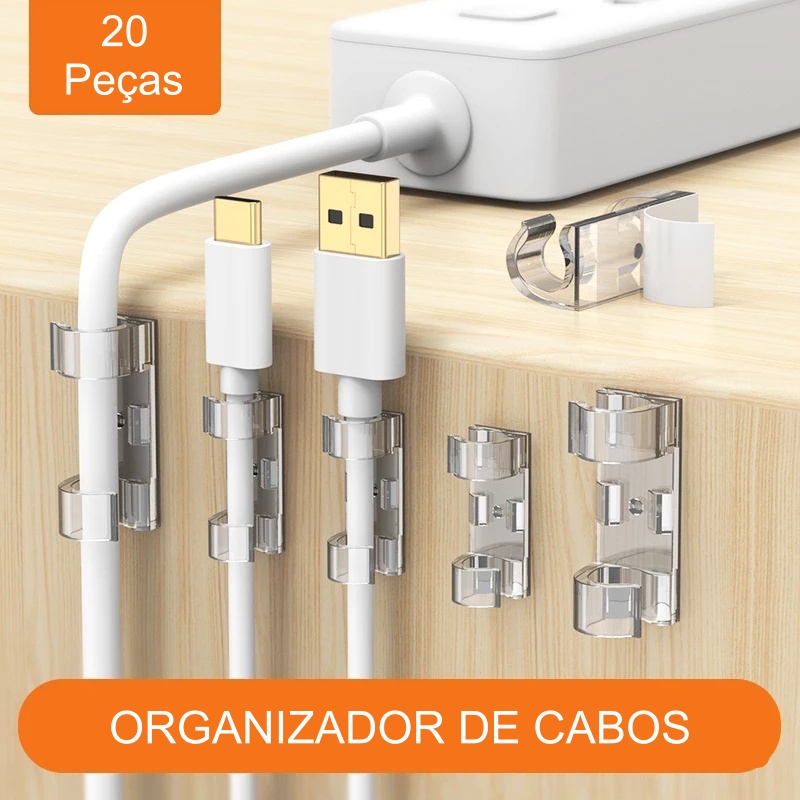 Kit com 20 Organizadores de cabos clipes autoadesivos transparentes ...