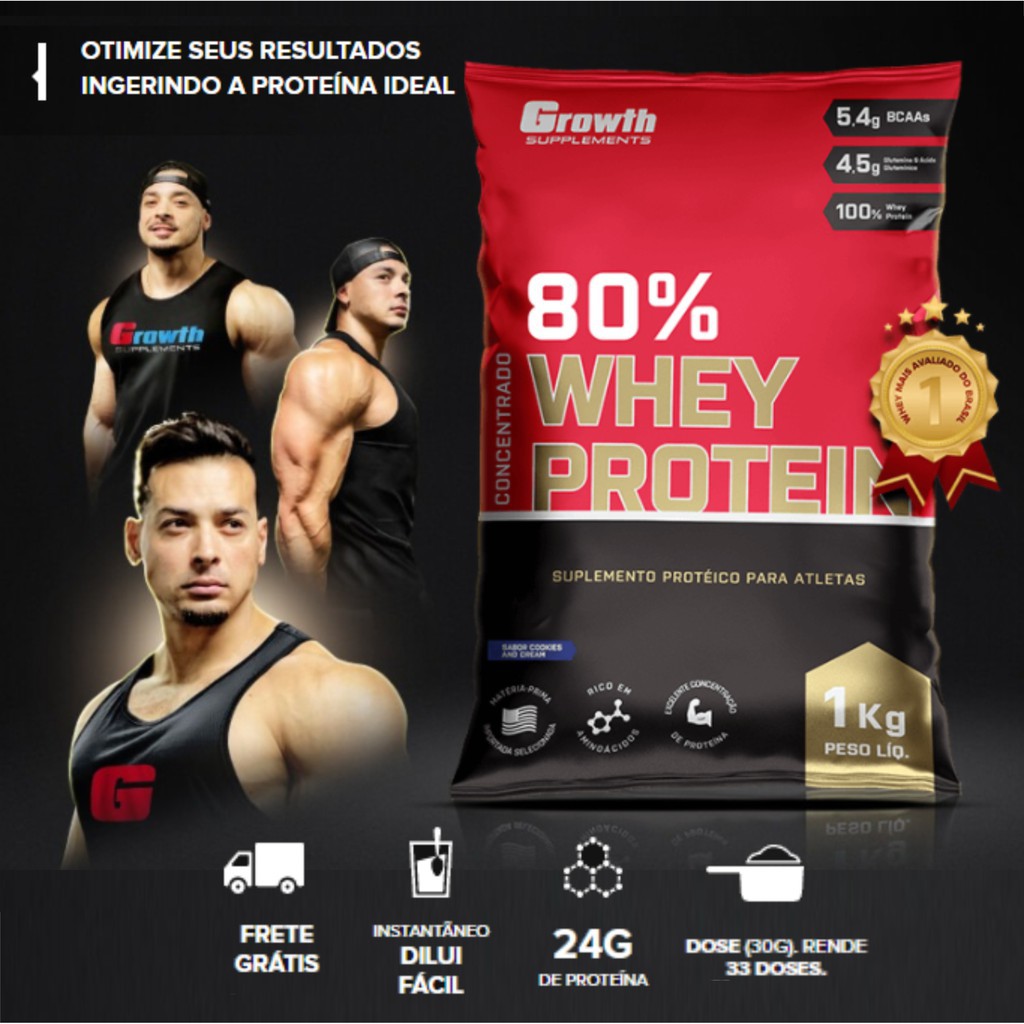 Whey Growth 1kg Concentrado 80% Whey Protein Suplemento Vários Sabores ...