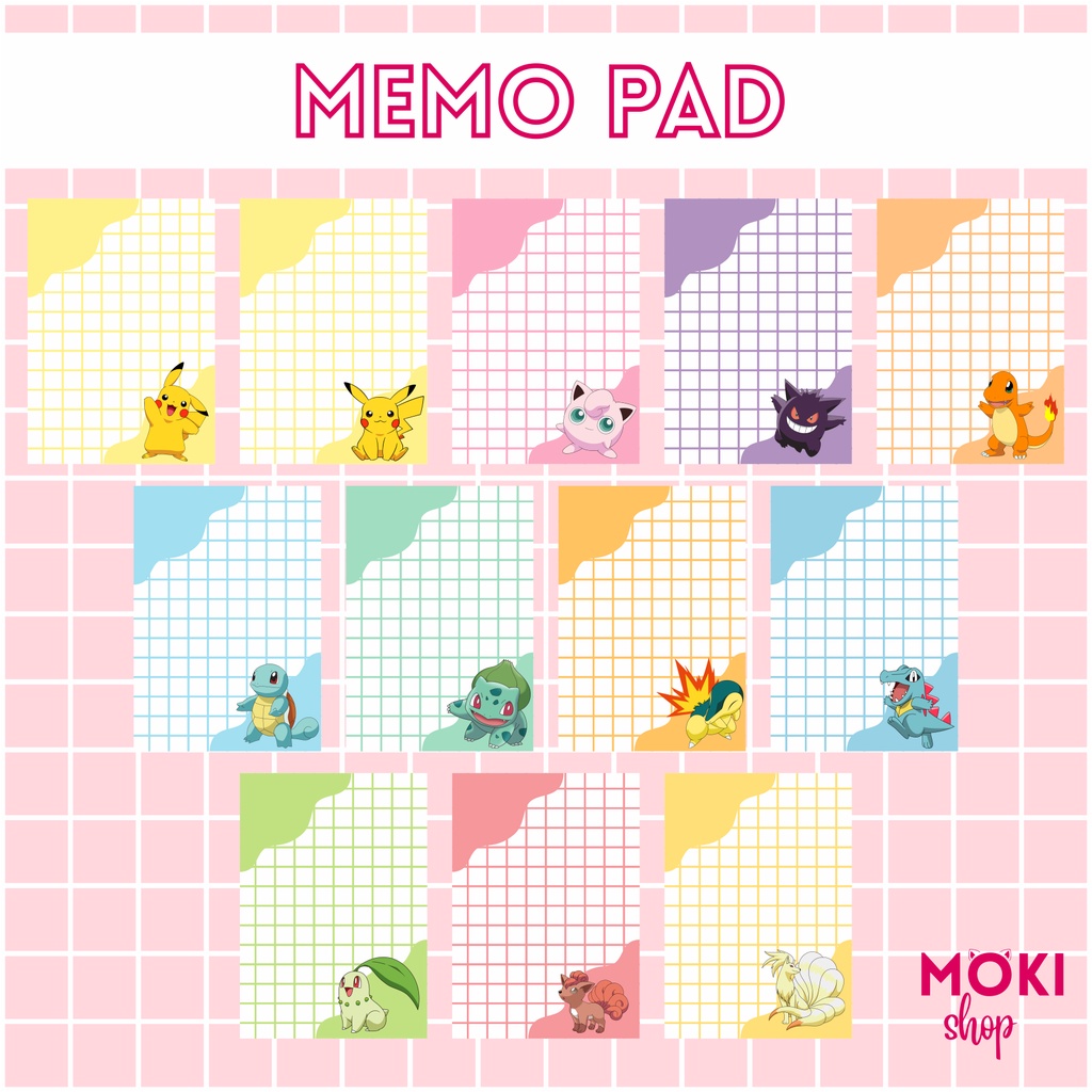 Memo pad / Bloco de anotações Pokemon Pikachu Nine Tails Bulbassauro ...