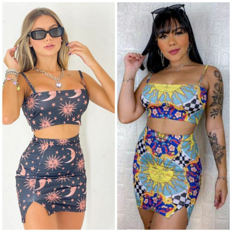 Conjunto Gringo Estampa Sol e lua Mística Mistico Aesthetic Fenda lateral Saia Top Cropped ...