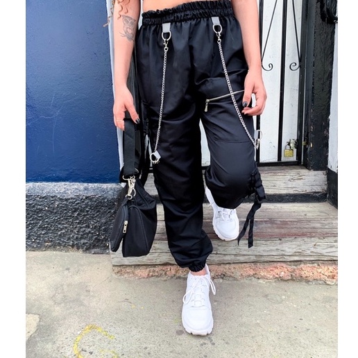 Calça Feminina Preta Tactel 2 Correntes Cargo Jogger Street Unissex ...