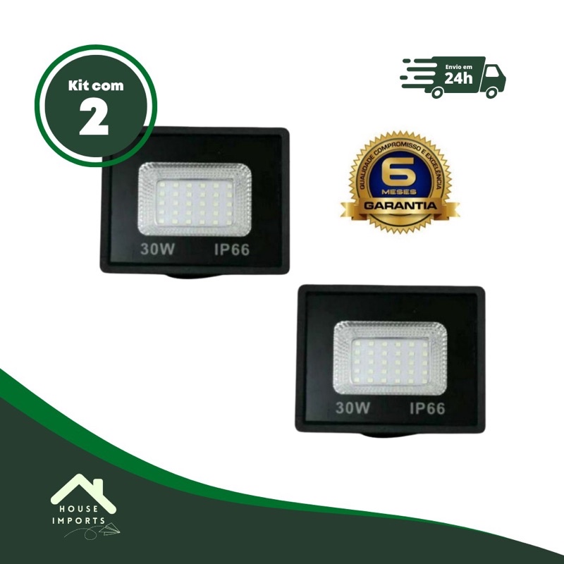 Kit 2 Refletor Led 30w Bi-volt Holofote Branco Frio A Prova D'agua | Shopee Brasil