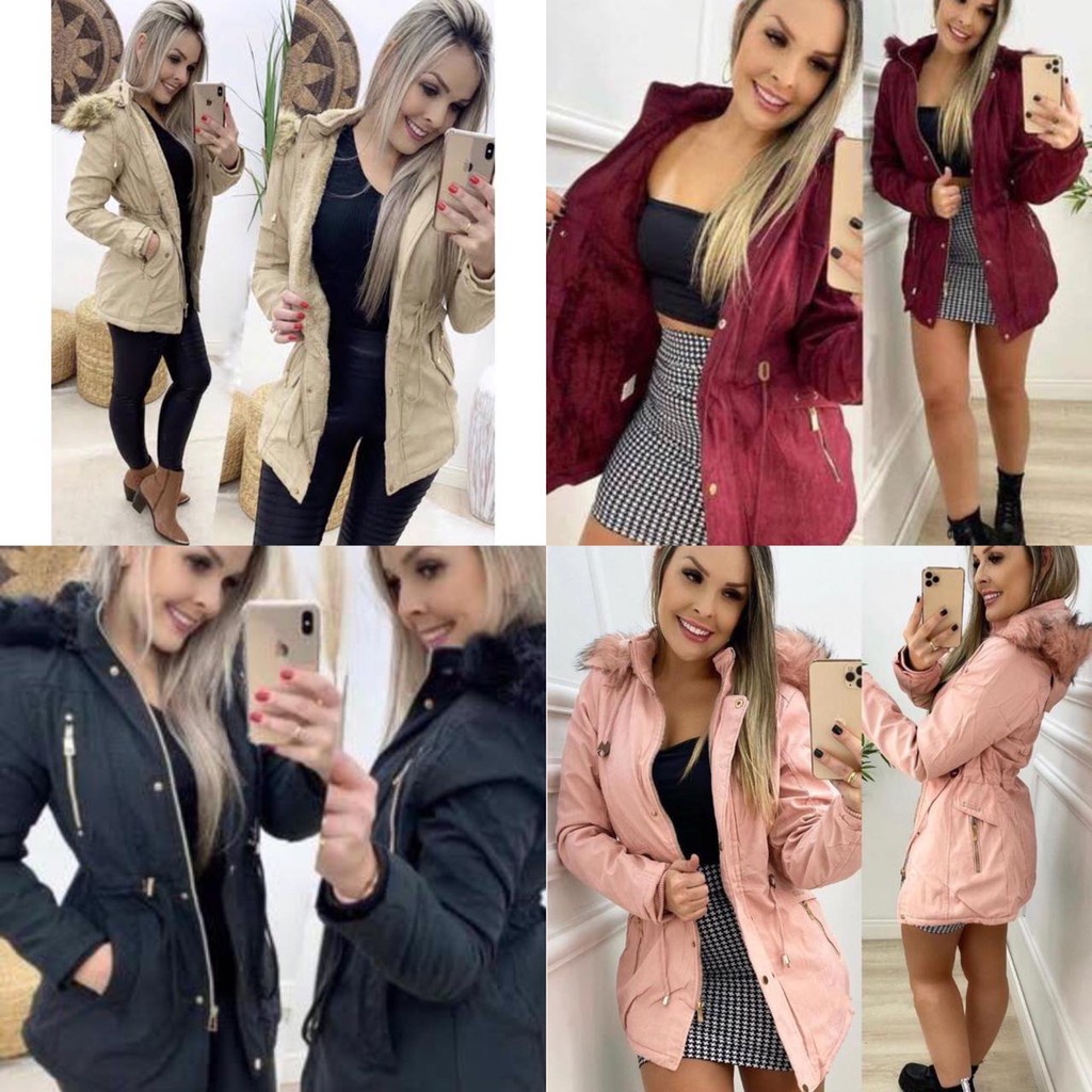 Casaco Parka De Sarja Feminino Parca Blogueira Forrada Pelúcia Roupas ...