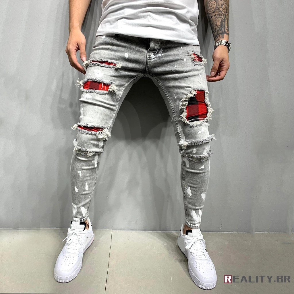Calça Jeans Masculina Skinny / Rasgadas Com Listra De Stretch Branca ...