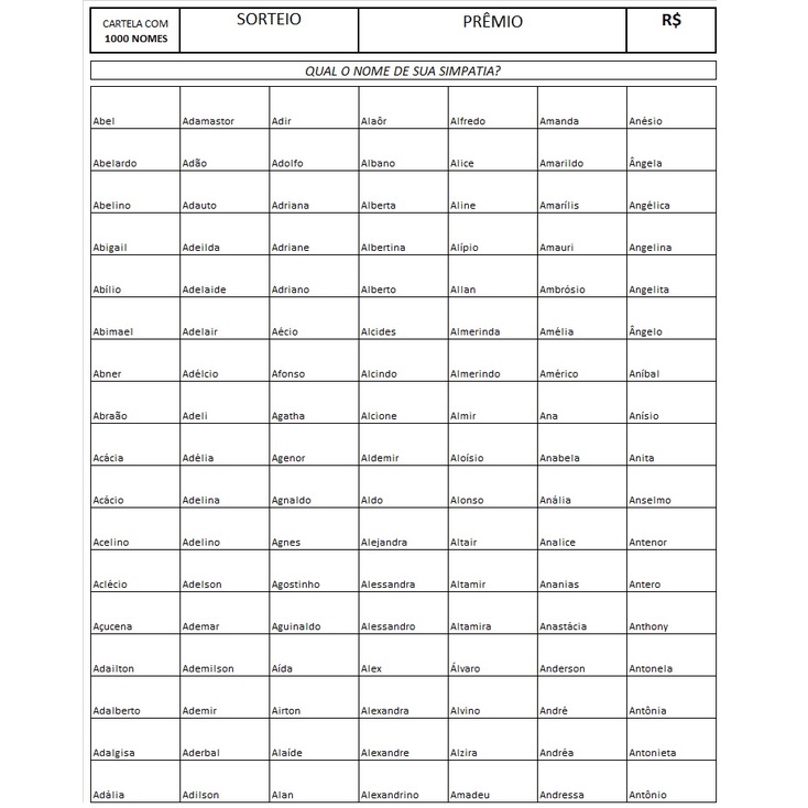 Cartela de rifa com 1000 nomes | Shopee Brasil