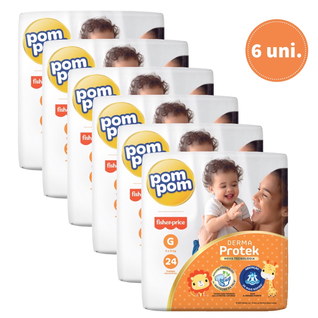 Kit 6 Pacotes Fralda Descartável Pom Pom Derma Protek | Shopee Brasil