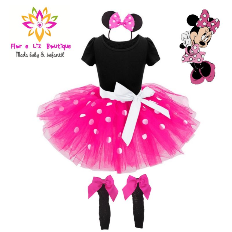 Fantasia Minnie Rosa Vestido + tiara festa infantil menina roupa ...