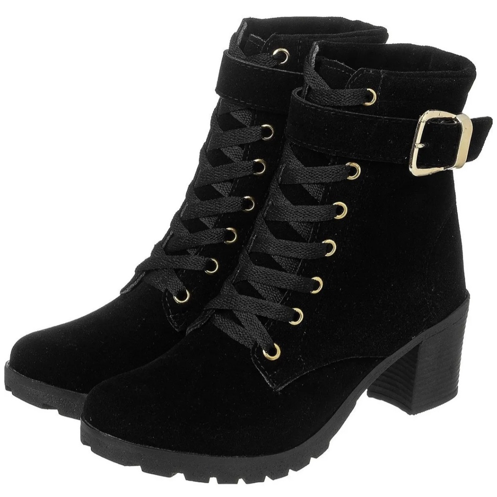 Coturno Botinha Cano Baixo Fivela (Preto Nobuck) | Shopee Brasil