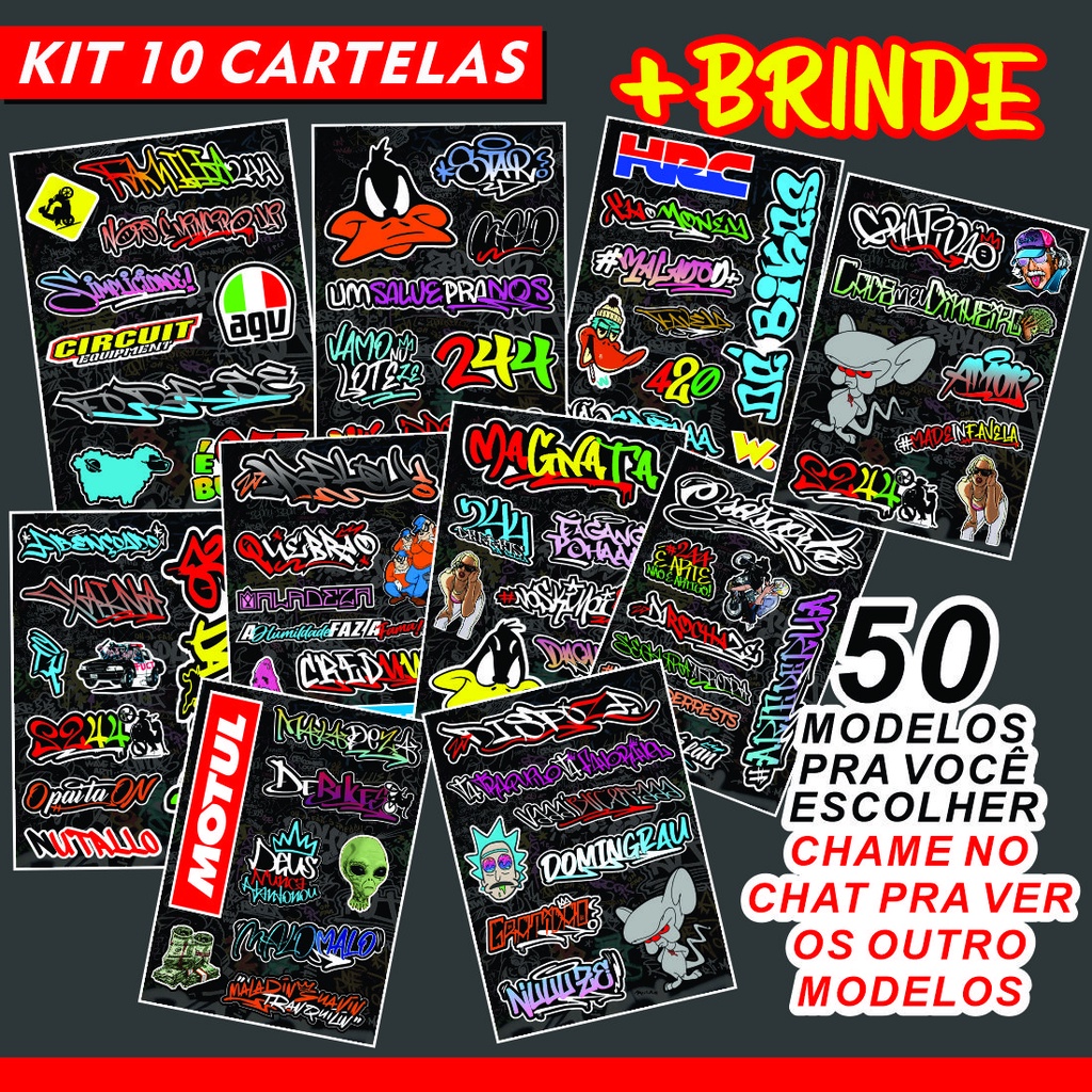 Kit 10 Cartelas de Adesivos para Moto, Bike, Capacete e Carro +BRINDE | Shopee Brasil