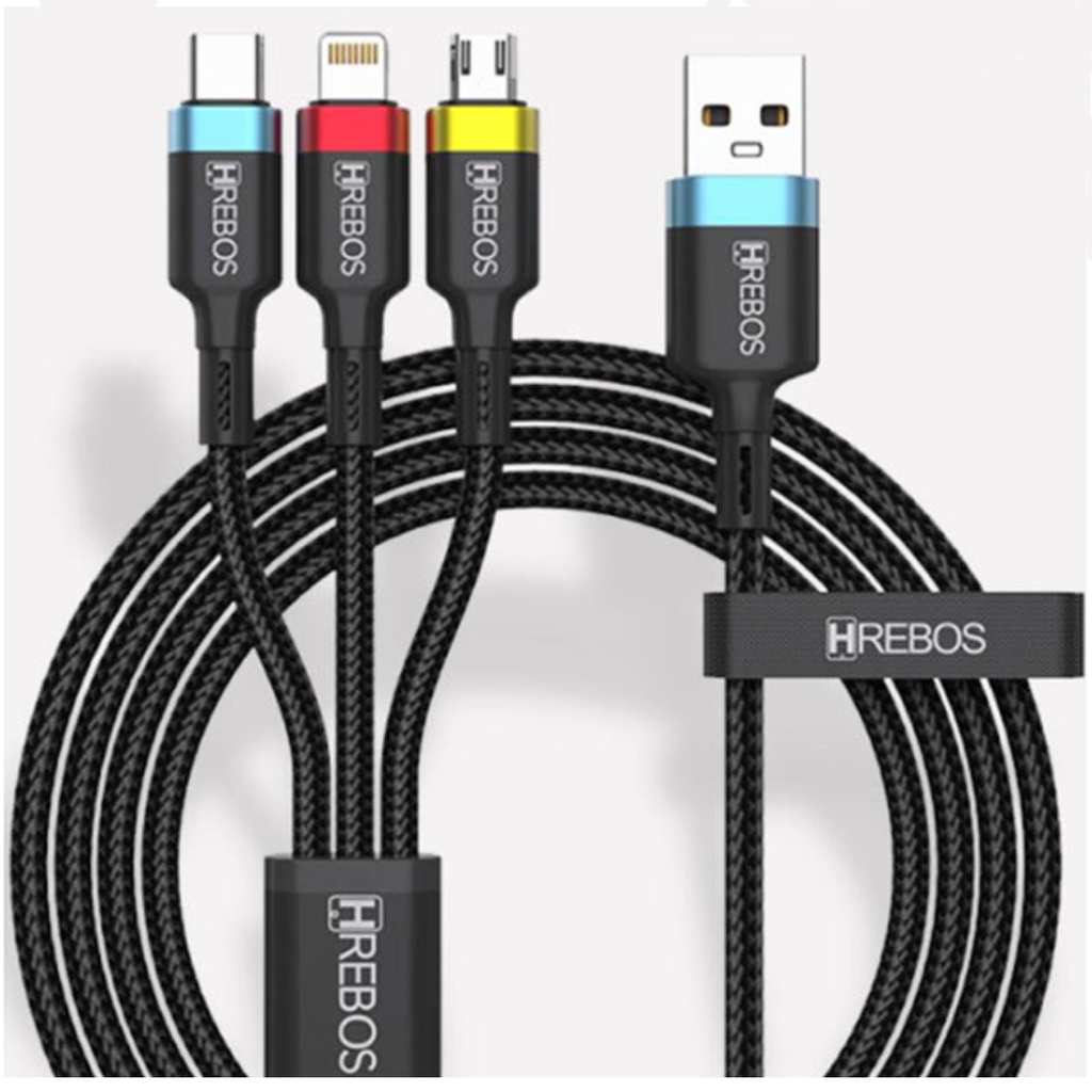 Cabo Carga 3 em 1 Lightning V8 Tipo C 3.1A Hrebos HS-326 Universal Carregador Iphone Android ...