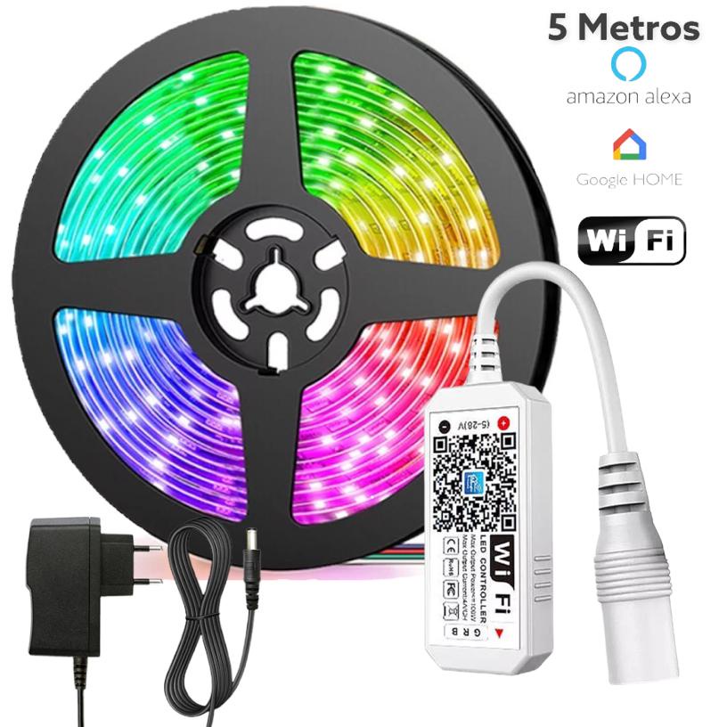 Fita Led 5050 Rgb 5 Metros Ip65 Com Silicone / Controlador Rgb Wifi / Fonte 12v / Compatível com ...