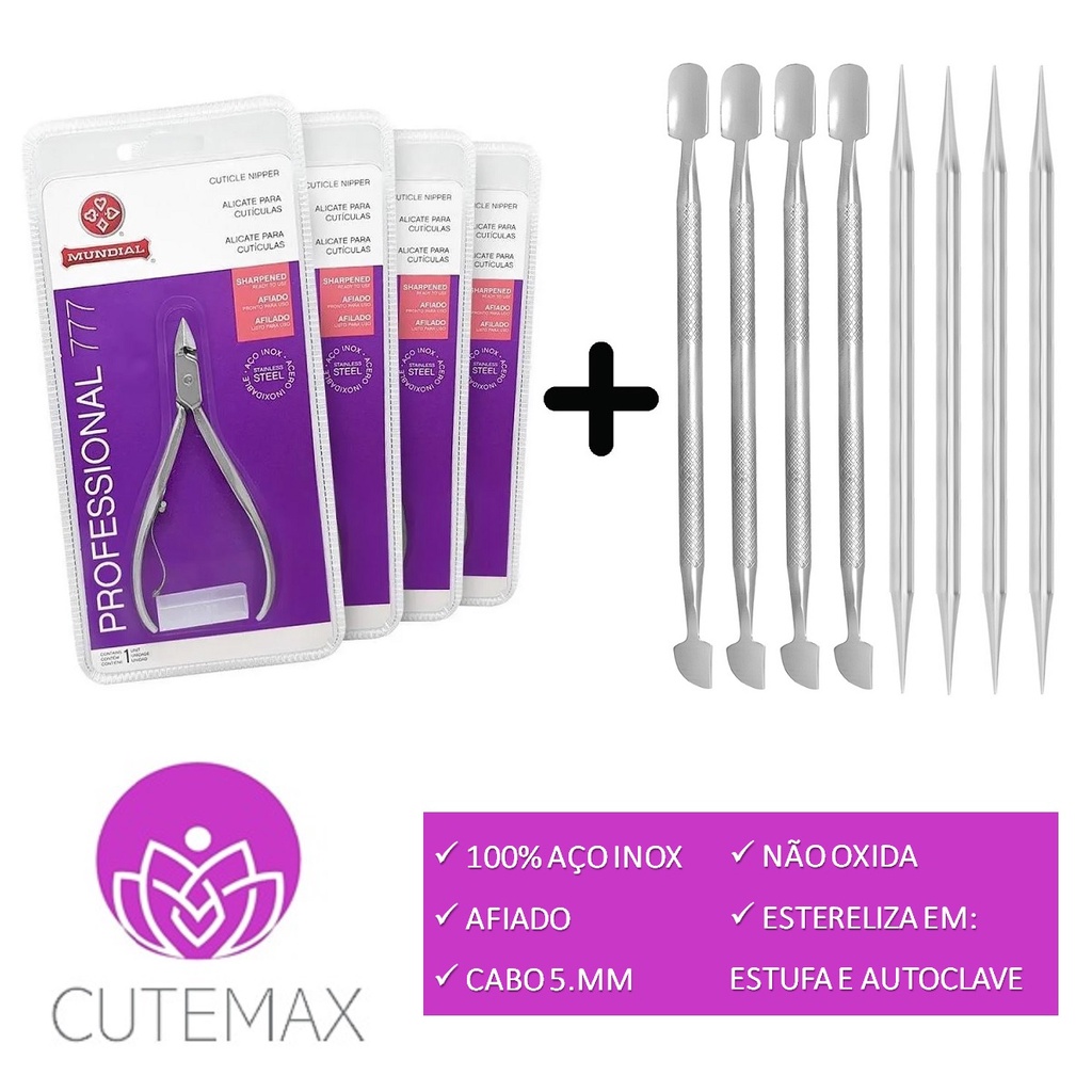 Kit com 4 Alicates de Cutícula Mundial 777 + 4 espátulas + 4 palitos ...