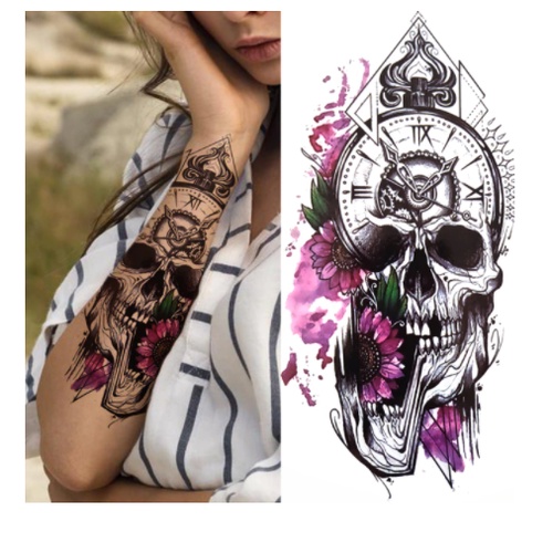 Tatuagem Temporária Caveira Rosas Relógio Colorida 20x11cm Xqb 112
