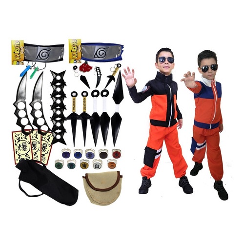 Kit fantasia Naruto Ninja Cosplay Completo + Anel + 3 Colares + Kunai ...
