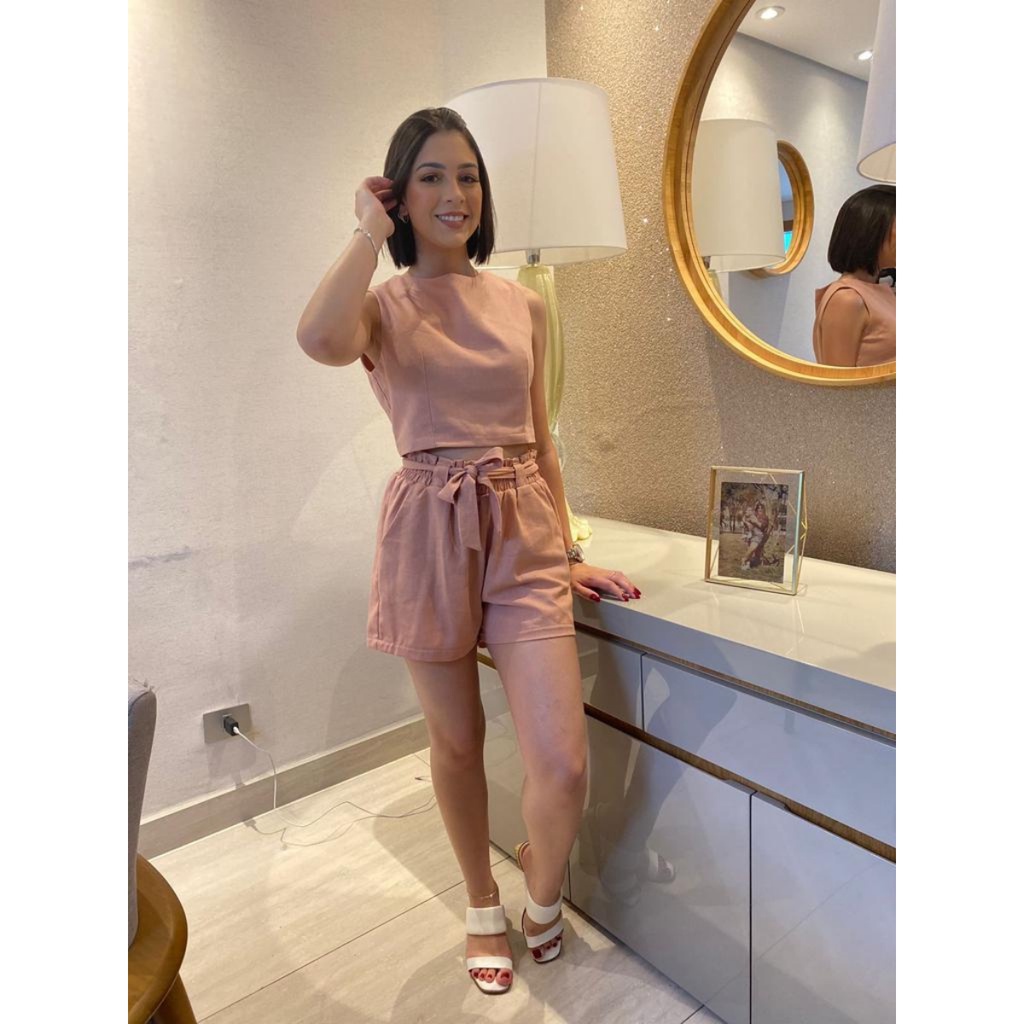 Shorts Conjunto Cropped Alfaiataria Linho Cintura Alta | Shopee Brasil