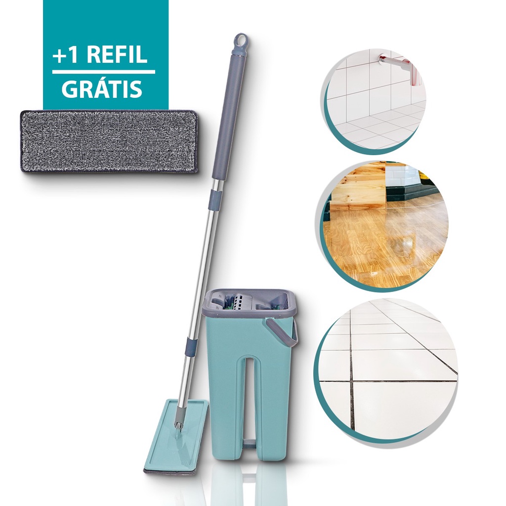 Rodo Flat Mop e Balde para limpeza de piso + 1 REFIL BRINDE | Shopee Brasil