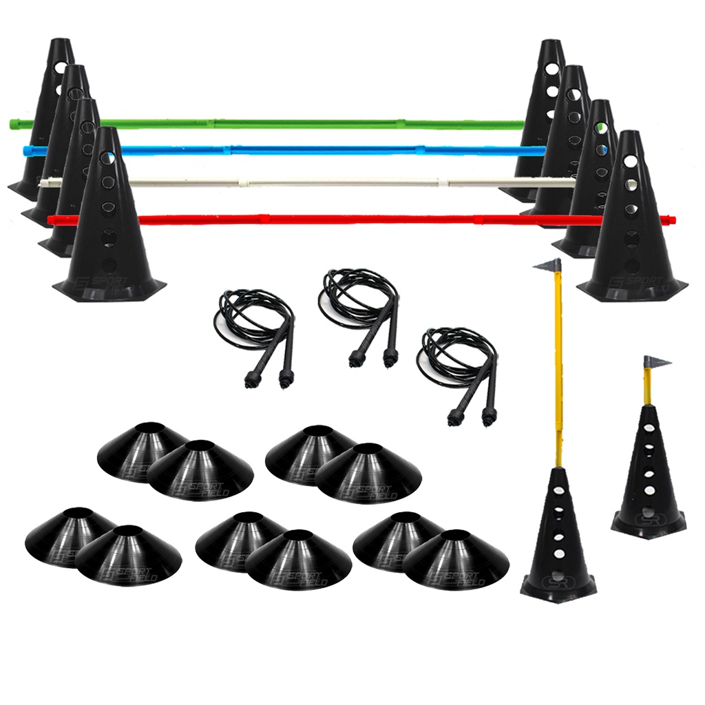 Kit Funcional - 10 Cones Furados C/ 5 Barreiras + 10 Pratos + 3 Corda De Pular | Shopee Brasil