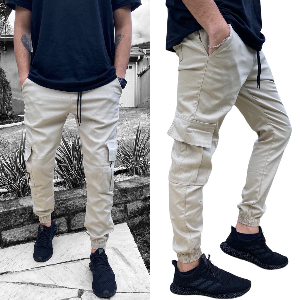 Calça Cargo Jogger Masculina Sarja Com Punho Preta Bege Escorrega O