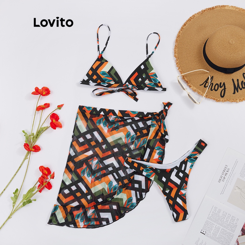 Lovito Conjunto De Biquíni Boho Geométrico Assimétrico De Alcinha Corte