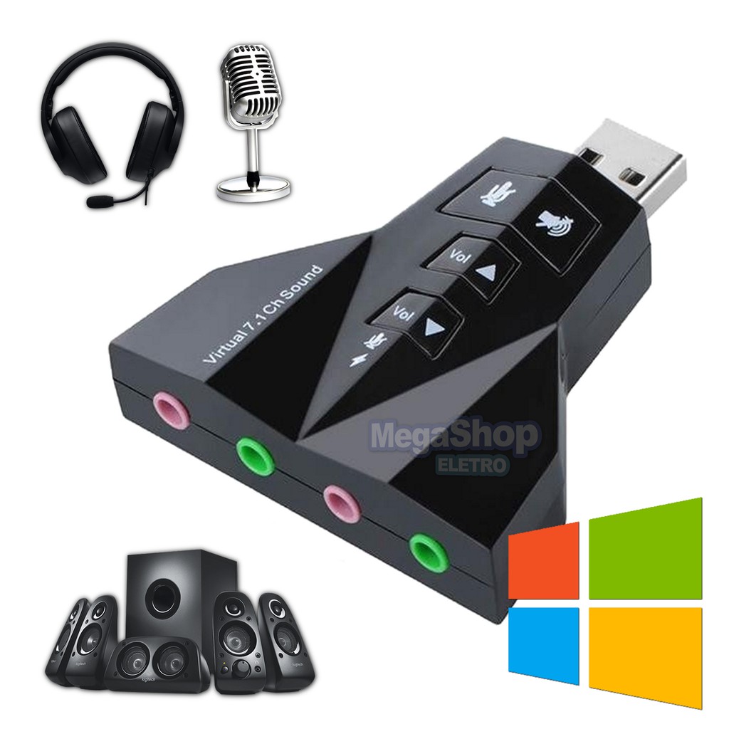 Super Placa De Som USB Externa Audio 7.1 Surround Para Microfone e ...