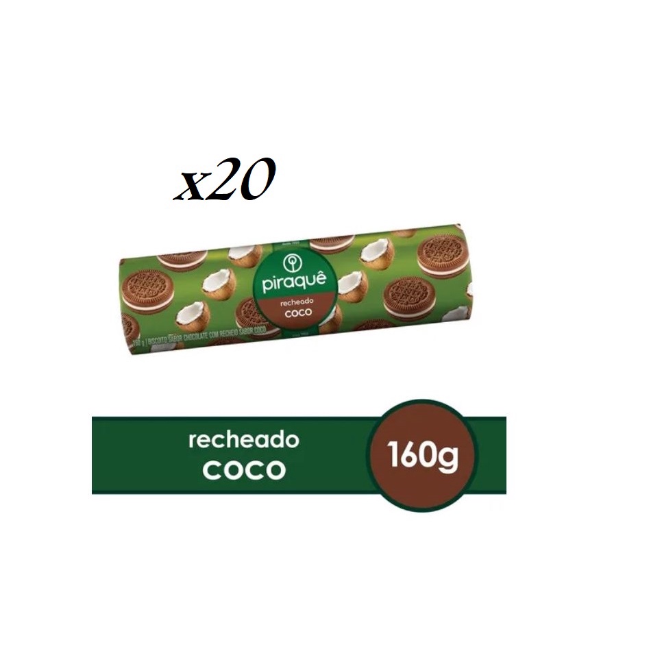20 Pacotes Bolacha Piraque chocolate recheada com coco | Shopee Brasil