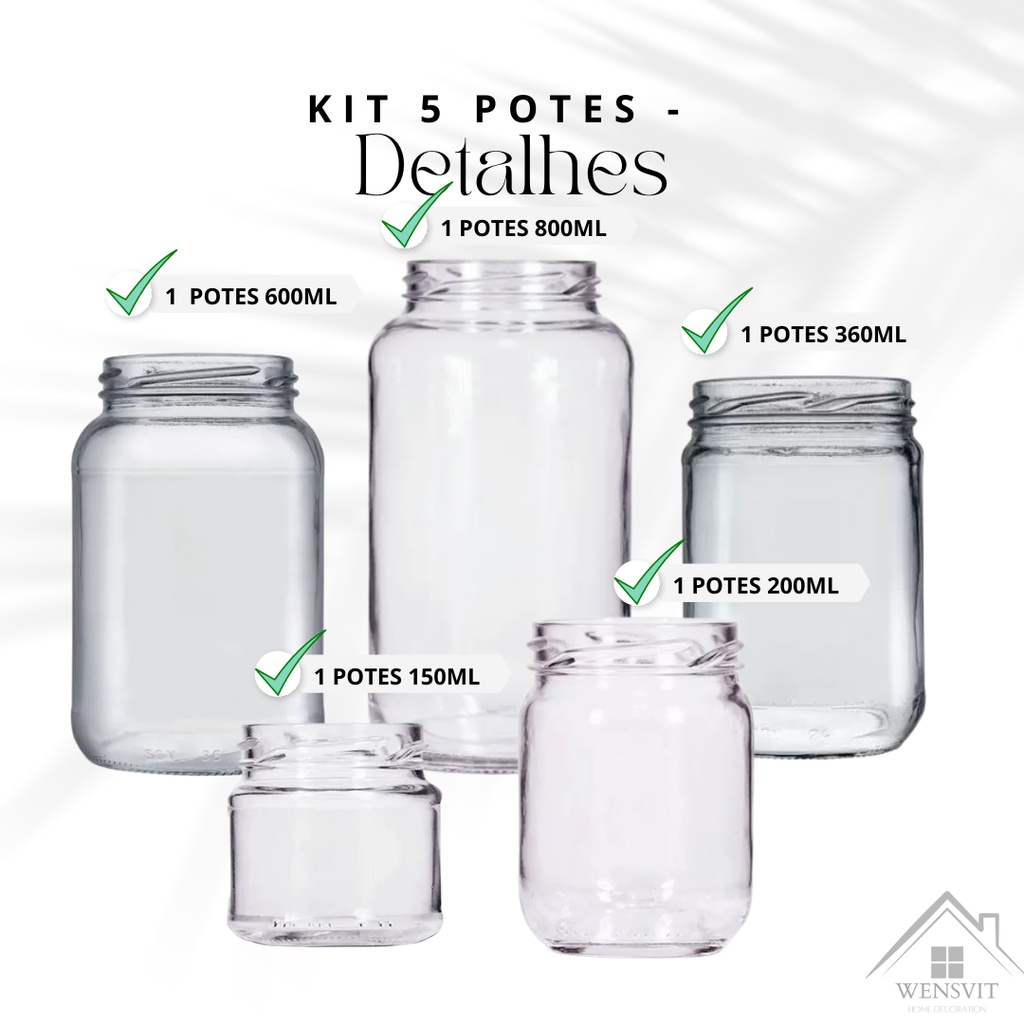 Kit com 5 Potes de Vidro Nadir Vários Tamanhos 800ml 600ml 360ml 200ml ...