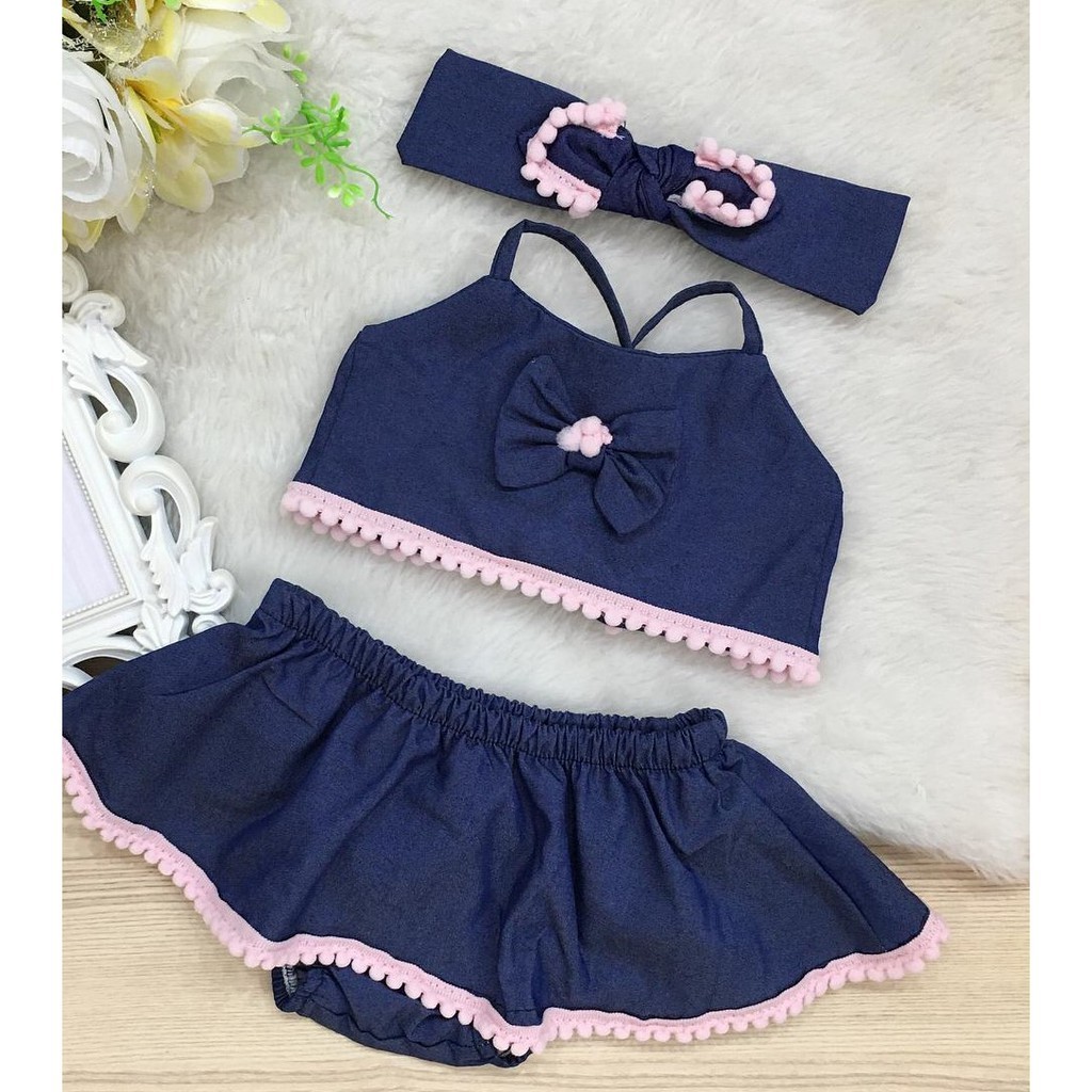 conjunto banho de sol bebe infantil no tecido jens mescal com detalhe ...