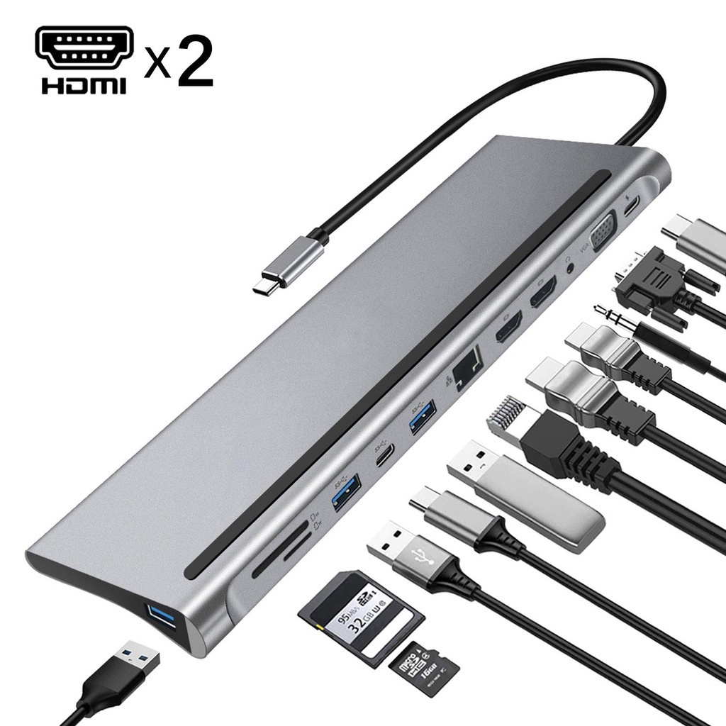 12in1 Type-C Docking Station Para Dual HDMI Weekly 2 4K VGA 3.5MM Áudio TF/Leitor SD RJ45 USB3.0 ...