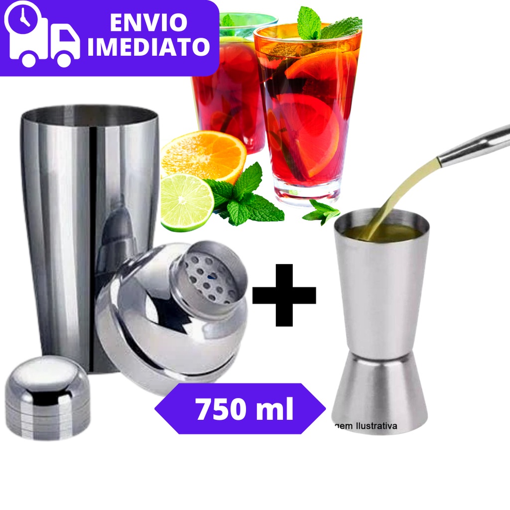 Kit Coqueteleira 750ml Aço Inox 3 Peças + Dosador Medidor de Bebidas ...