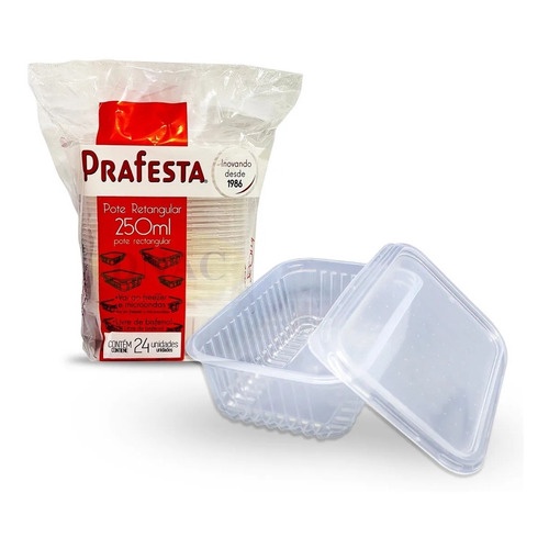 Pote retangular transparente Prafesta 250ml Marmita Fit - Microondas/freezercom tampa c/ 24 Unid ...