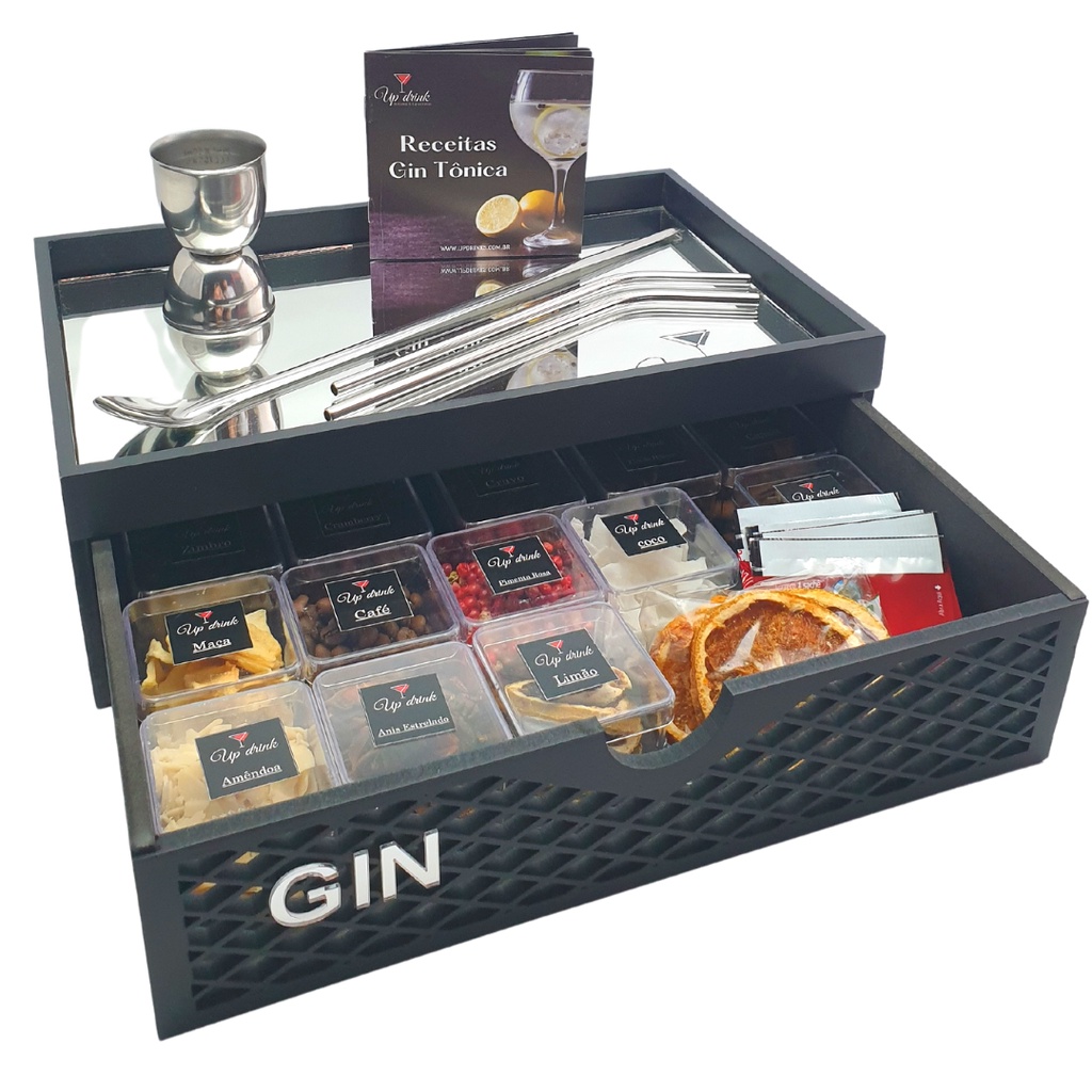 Kit Gin Caixa Mini Bar Espelhado + Kit Especiarias + Dosador - Corre ...