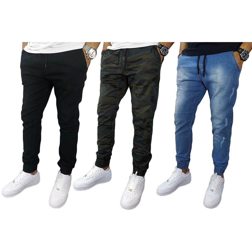 Kit 3 Calças Jeans Masculina Jeans E Sarja Jogger Com Lycra E Punho