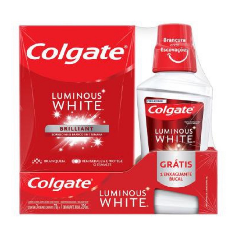 Kit Colgate Luminous White com 3 Cremes Dentais 70g e 1 Enxaguante ...