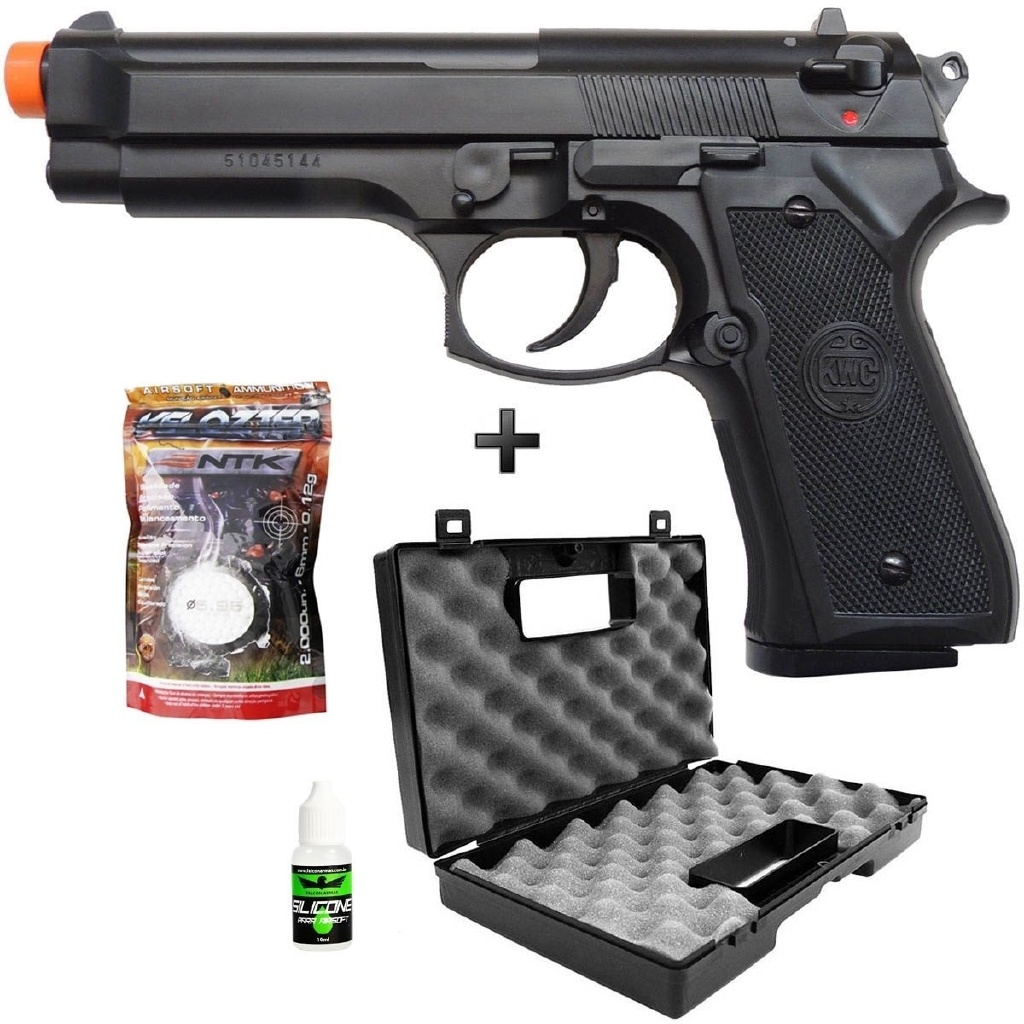Pistola de Airsoft Spring Kwc Beretta 92 Preta + 2000 bbs + Case Rígido + Silicone - Escorrega o ...