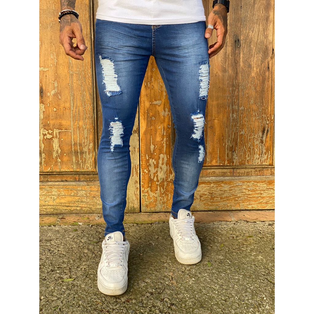 Calça Super Skinny Masculina Jeans Rasgada Com Lycra Desconto No Preço
