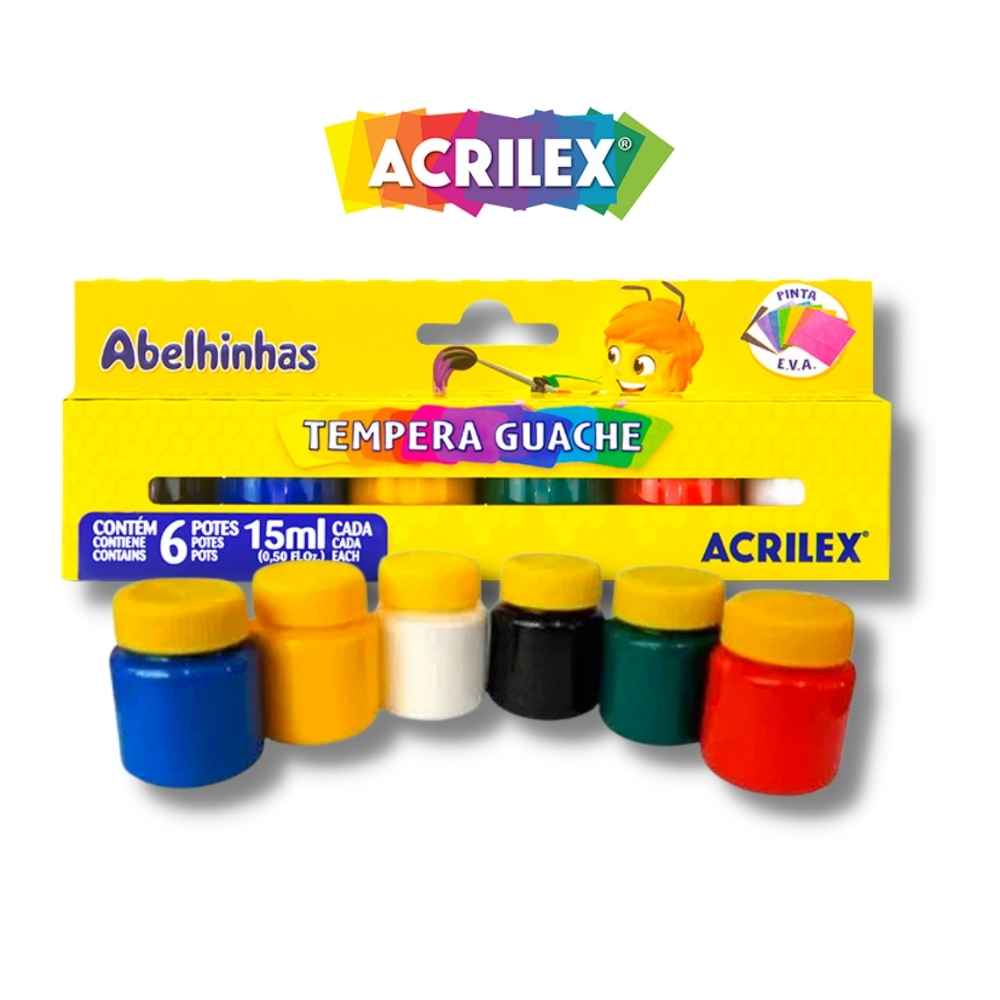 Tinta Tempera Guache 6 Cores - 15ml - Acrilex | Shopee Brasil