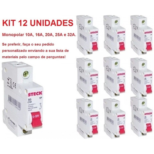 Kit 12 Disjuntor Unipolar Curva C 10a 16a 20a 25a 32a Steck | Shopee Brasil