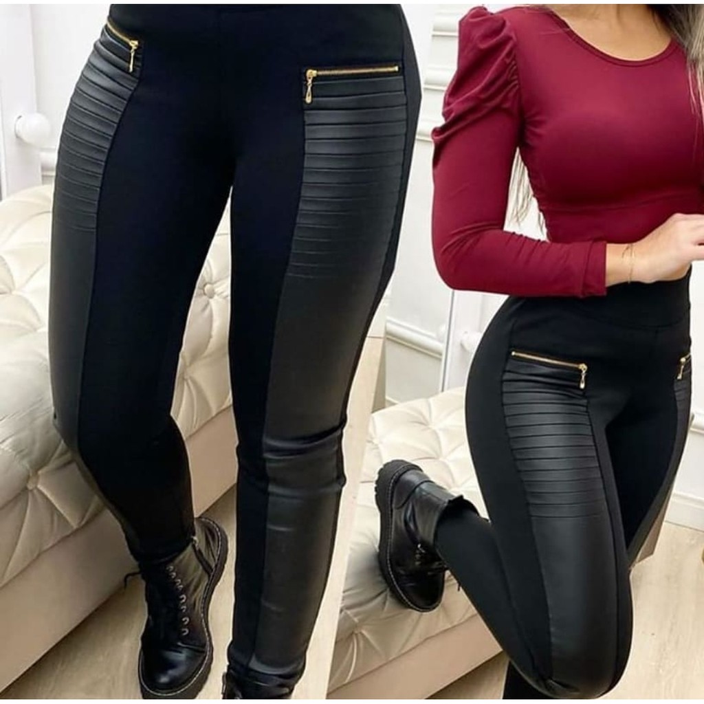 Calça Legging Montaria Feminina Leg Bolso zíper com Couro Sintético ...