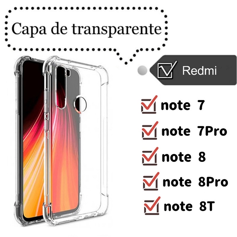 Case Capa Capinha Xiaomi Redmi Note7 / Note 8 Pro 8T Tpu Anti Impacto Transparente Note8 Not 7 ...