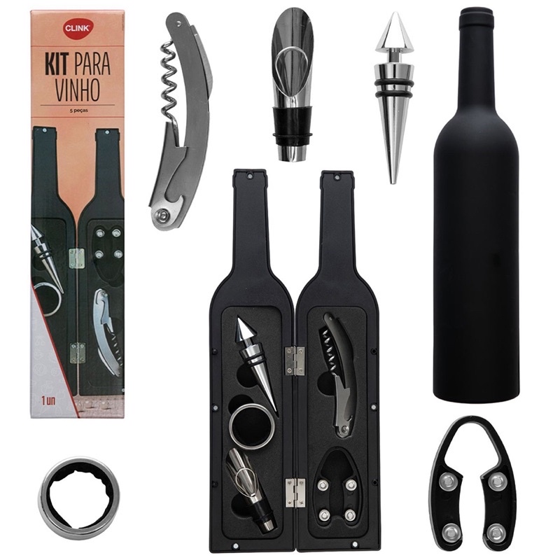 KIT PARA VINHO COM SACA ROLHA + CORTADOR LACRES E ACESSORIOS 5 PECAS NO ...