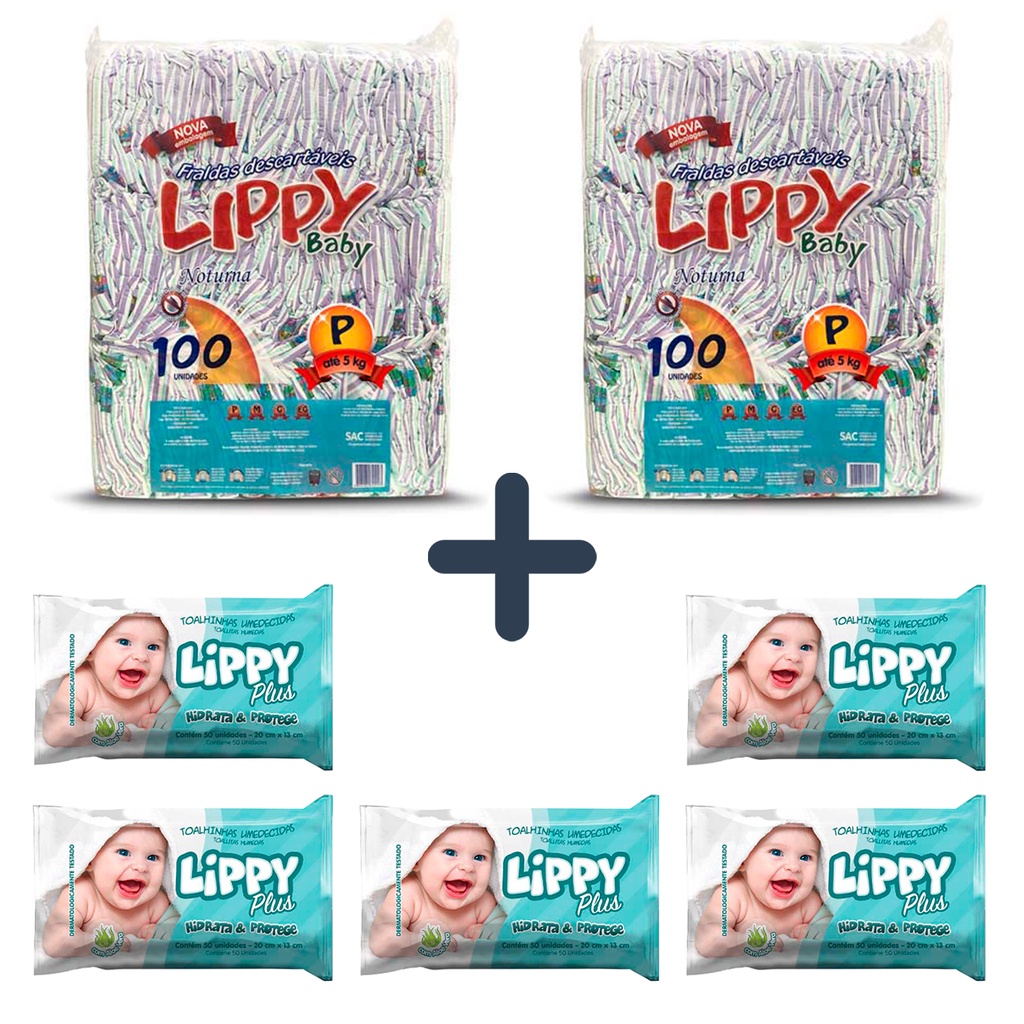 Kit 2 Fralda Infantil Lippy NOTURNA C/100 UN P-EG + 5 Pct Toalha ...