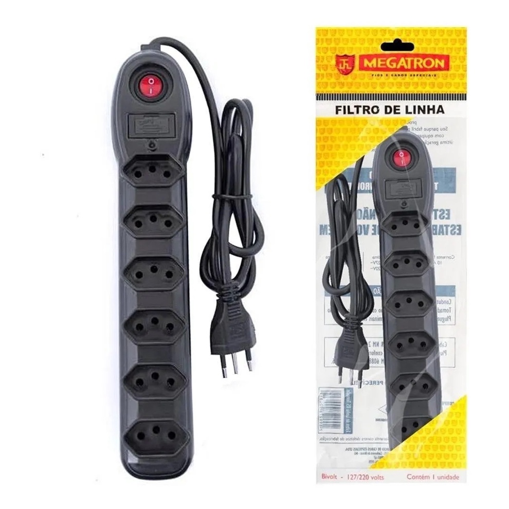 Filtro De Linha Bivolt 6 Tomadas 3 Pinos Pp 3X0.75 1 Metro Preto Megatron | Shopee Brasil