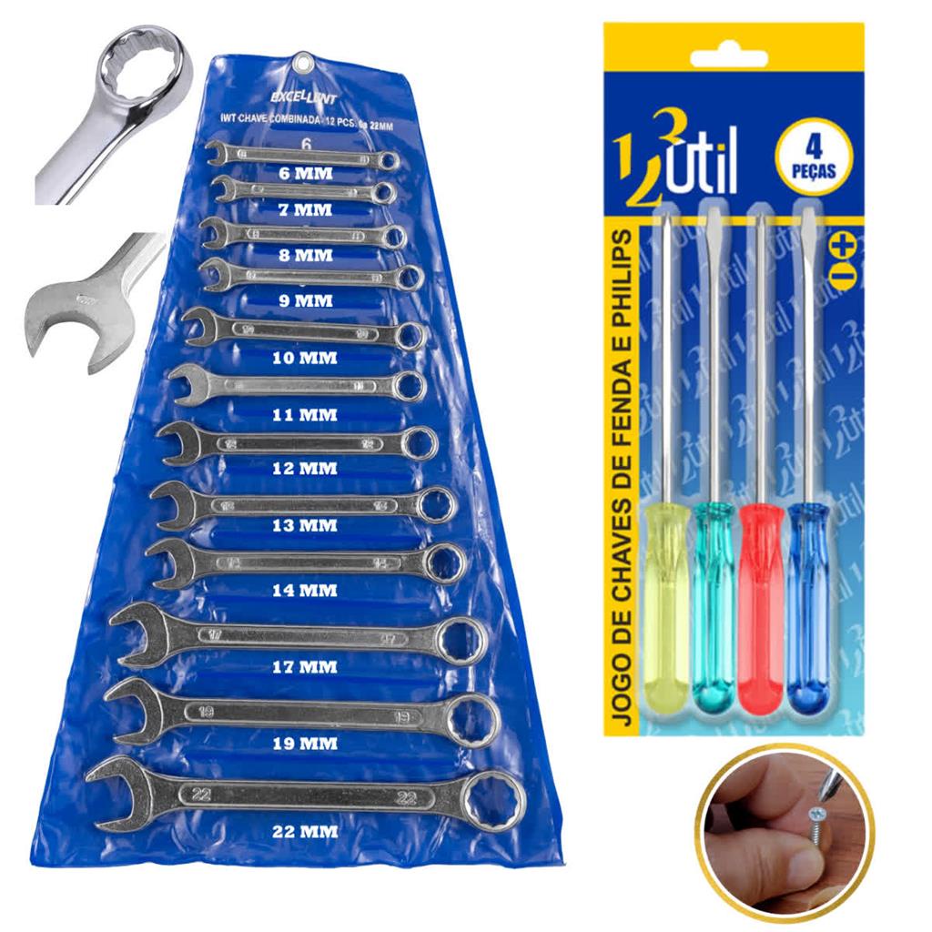 Jogo Chave Combinada Fixa Estrela 6 ao 22mm + Fenda e Philips Multiuso ...