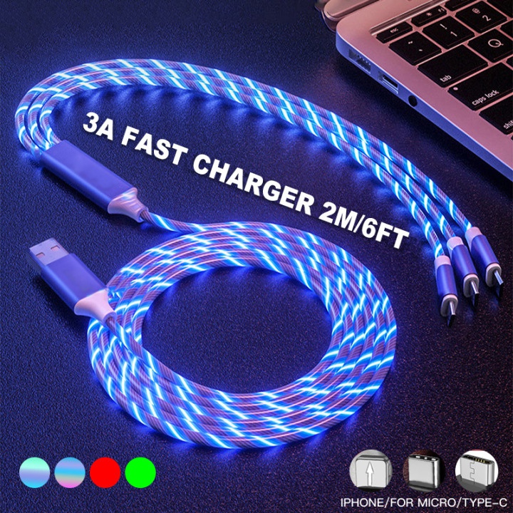 3 in1 Cabo De Carregamento 3.3FT/6FT LED Relâmpago USB C Cabos De Dados ...