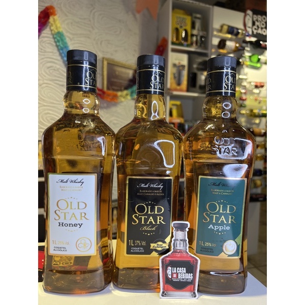🟢 Kit 3 Whisky Old Star 1L tradicional mel maçã verde - Escorrega o Preço