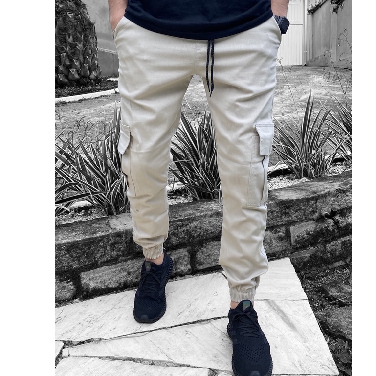 Calça Cargo Masculina 6 Bolsos Sarja Skate Jogger Punho Casual Promoção