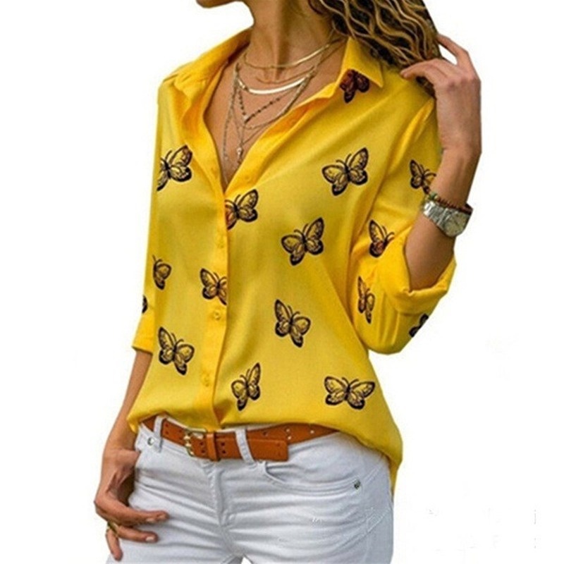 Borboleta Impressão Das Mulheres Soltas Camisa Lapela Feminino Rua