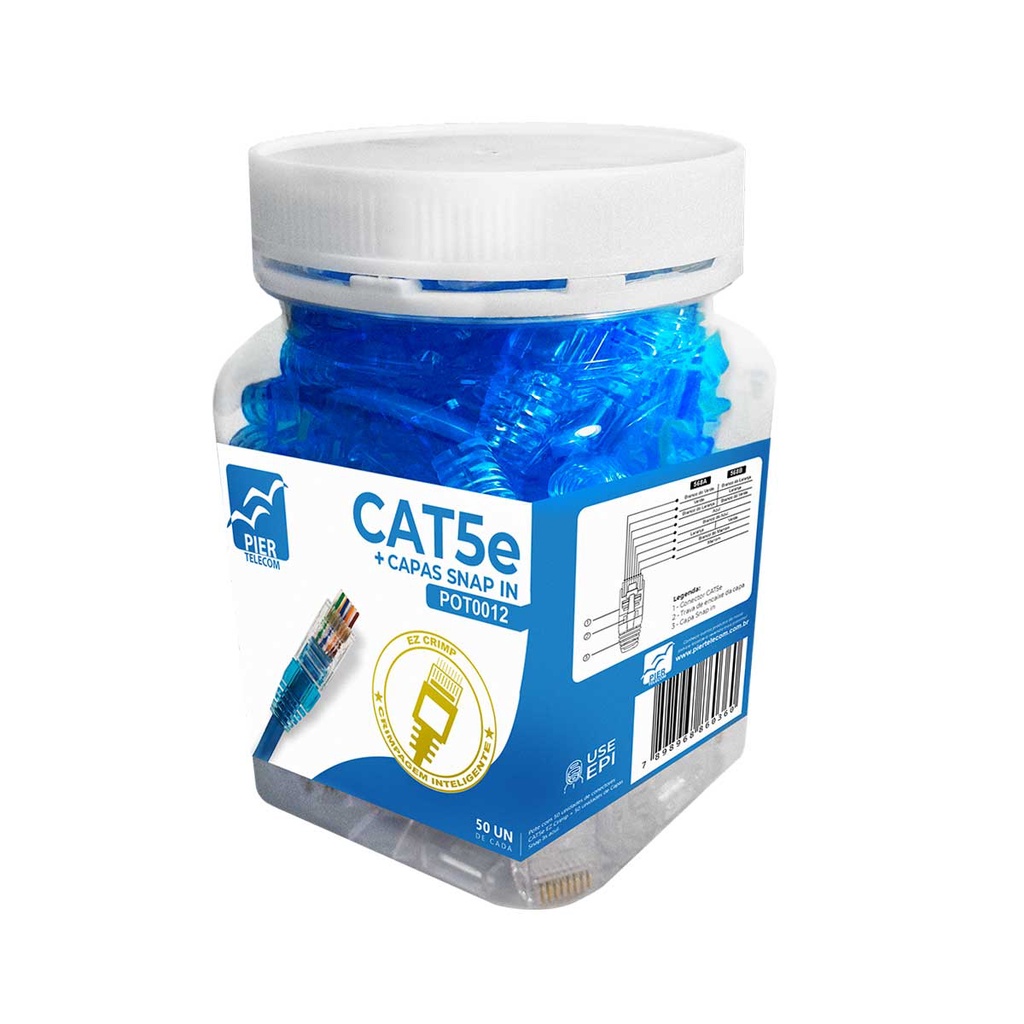 Pote C/ 50 Conectores Cat5e Ez Crimp + 50 Capas Snap In Azul | Shopee ...