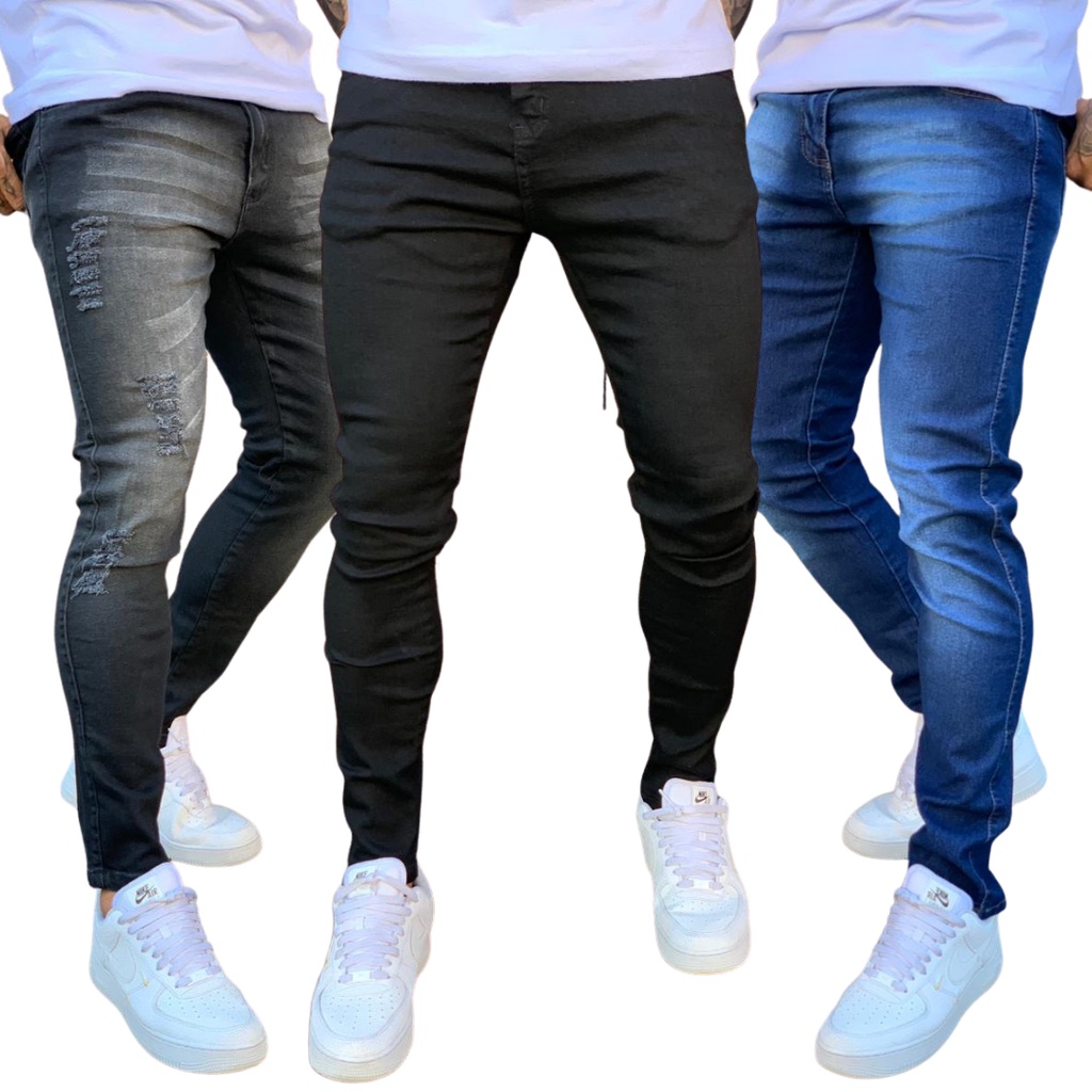 Kit 3 Calça Skinny Jeans Com Lycra Justa Na Perna Colada Masculina De