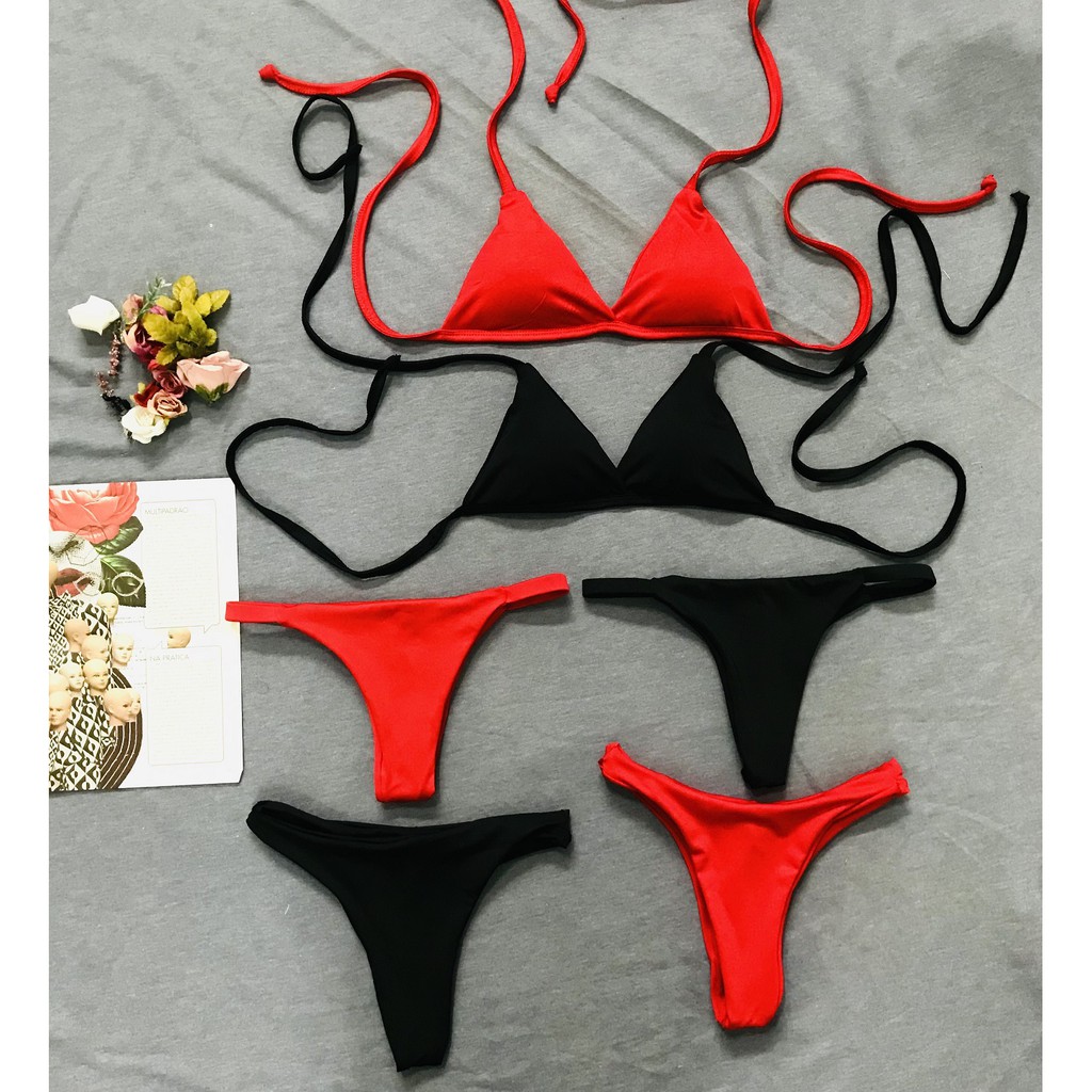 Biquini TRADICIONAL TRIANGULO COM BOJO basic vermelho ou preto liso calcinha fita e asa delta ...